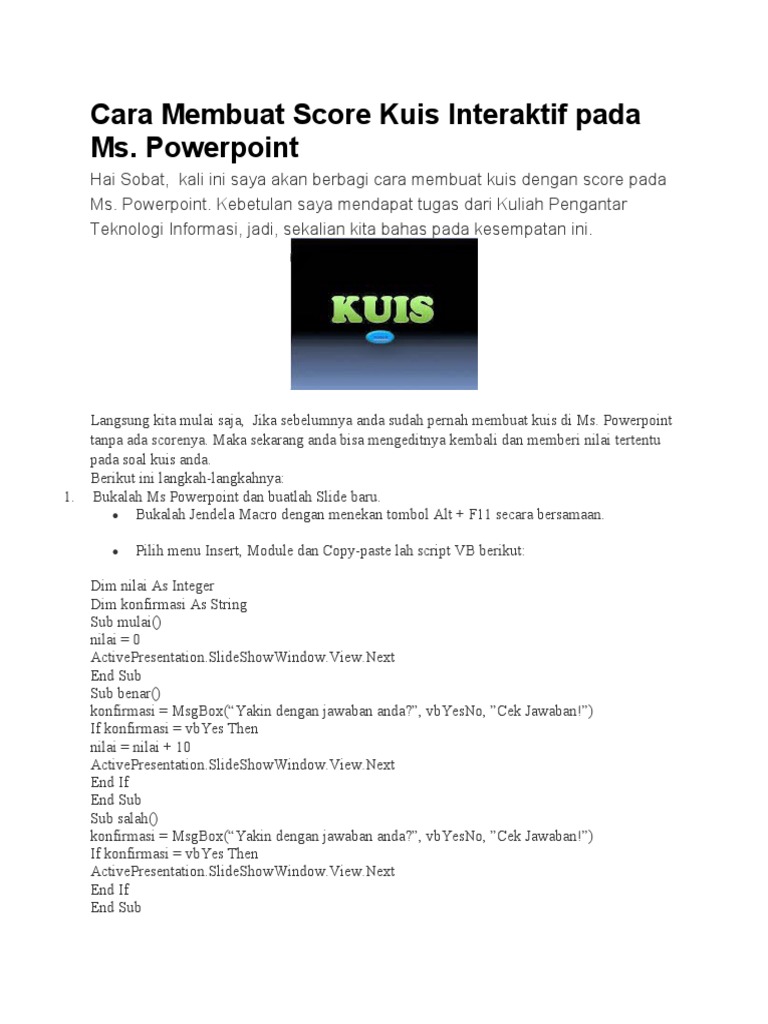 Cara Membuat Score Kuis Interaktif Pada Ms PowerPoint | PDF