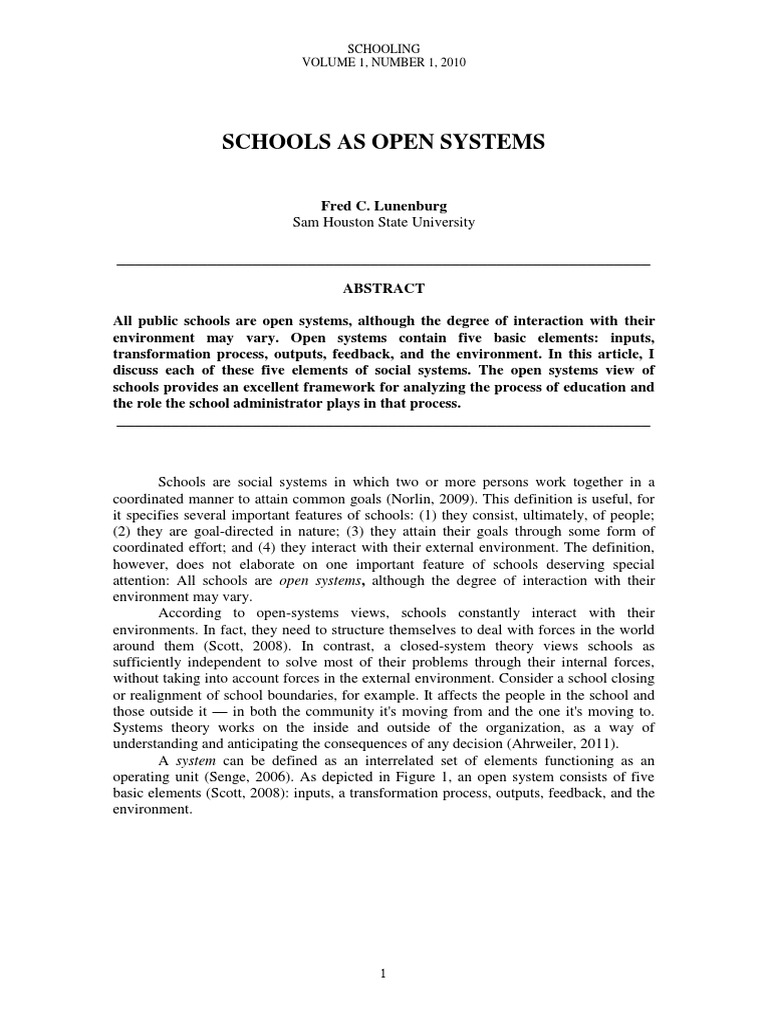 Schools as Open Systems: An Analysis of the Five Basic Elements That ...