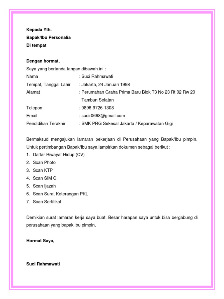 Kepada Yth. Bapak/Ibu Personalia Di Tempat | PDF
