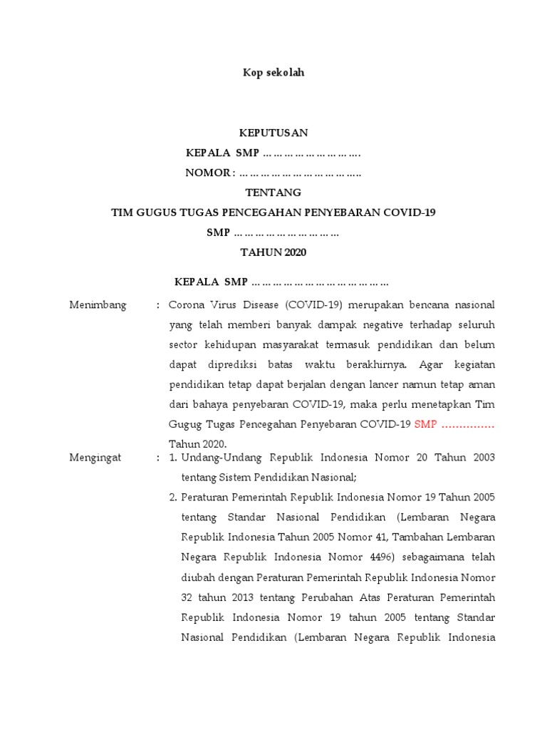 BDR Contoh SK Tim Covid Sekolah | PDF