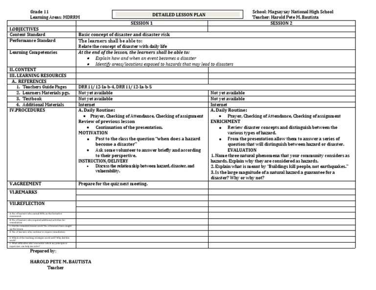 DETAILED LESSON PLAN - DRRM Chapter1 | PDF | Lesson Plan | Hazards
