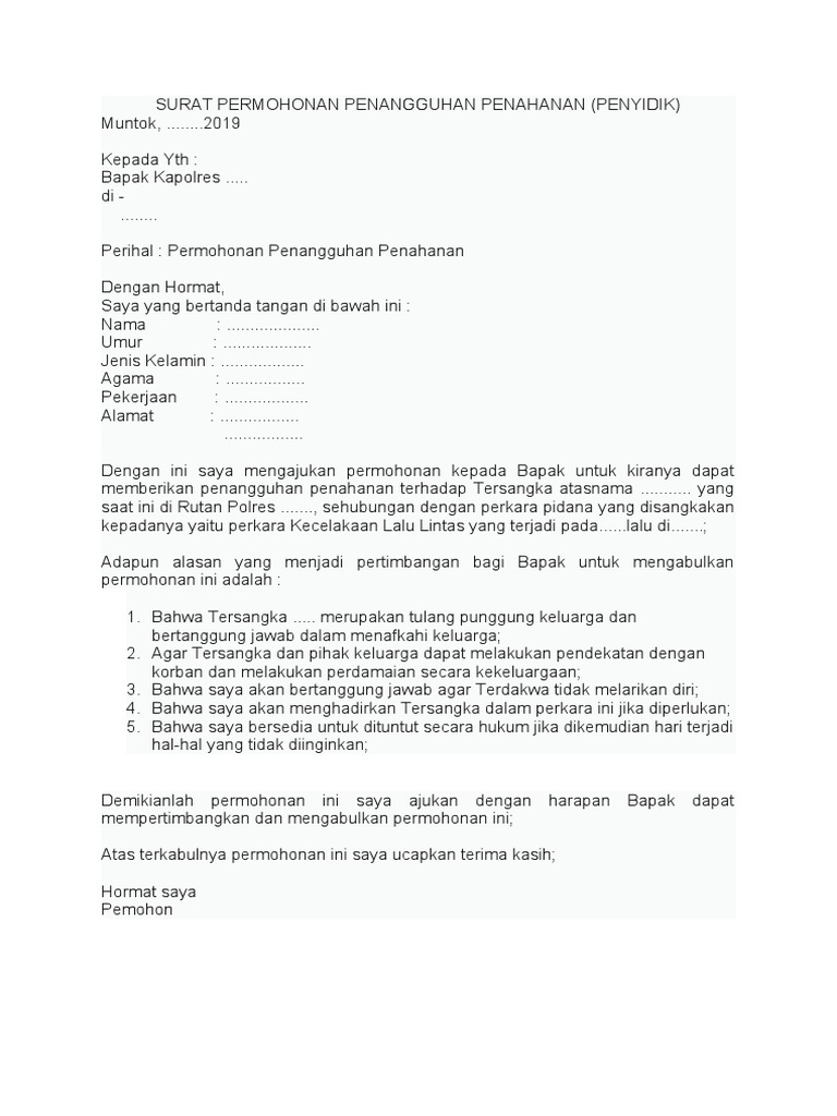 Surat Permohonan Penangguhan Penahanan Kepada Penyidik | PDF