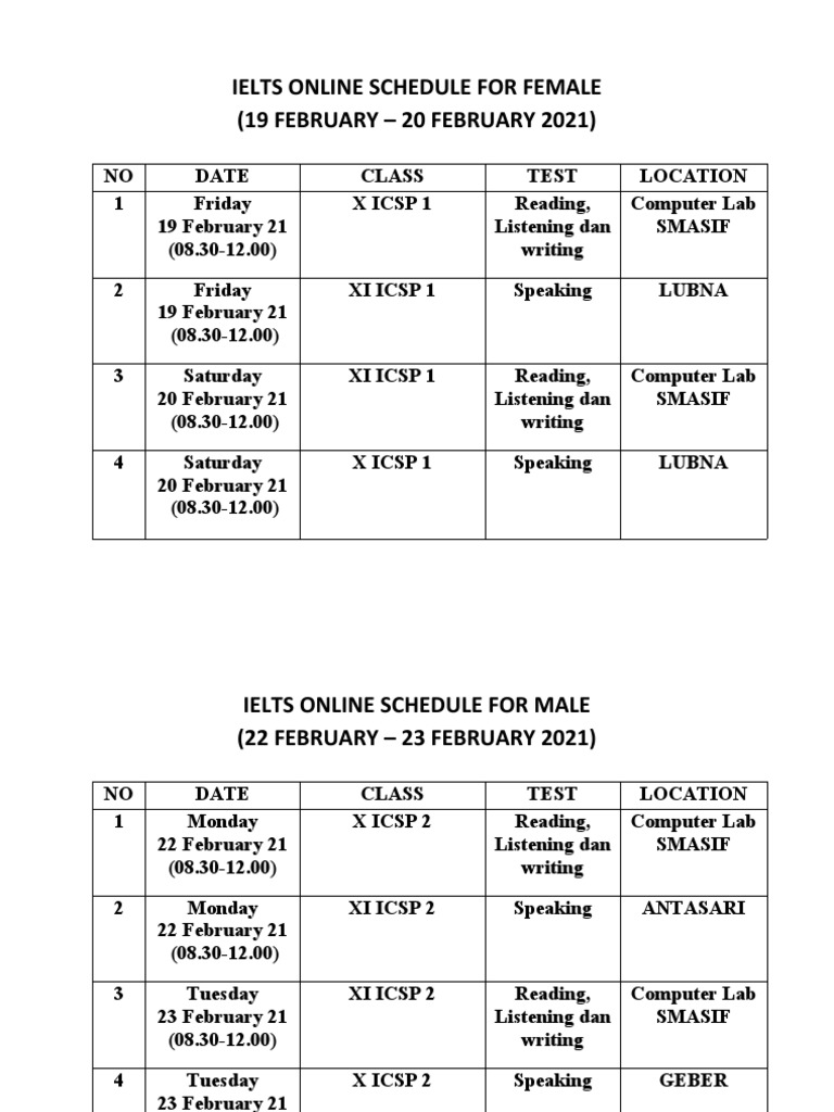 Ielts Online Schedule For Female (19 FEBRUARY - 20 FEBRUARY 2021) | PDF