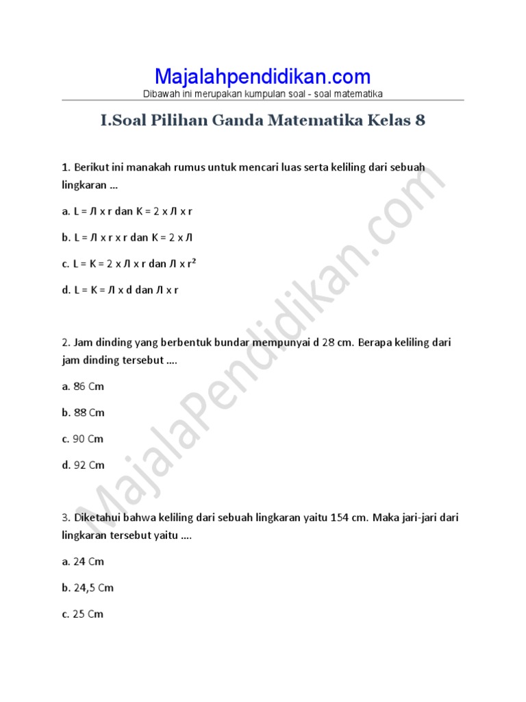 Soal dan Jawaban Matematika Kelas 8 | PDF