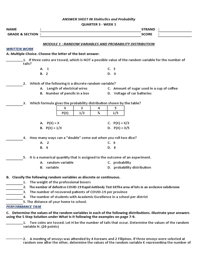 ANSWER SHEET IN Statisctics and Probabilty: Written Work | PDF ...