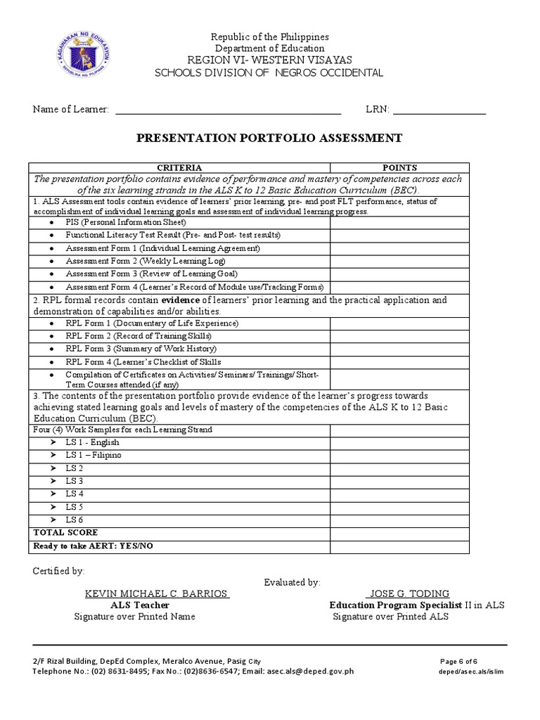Score Sheet For Portfolio Validation | PDF | Educational Assessment ...