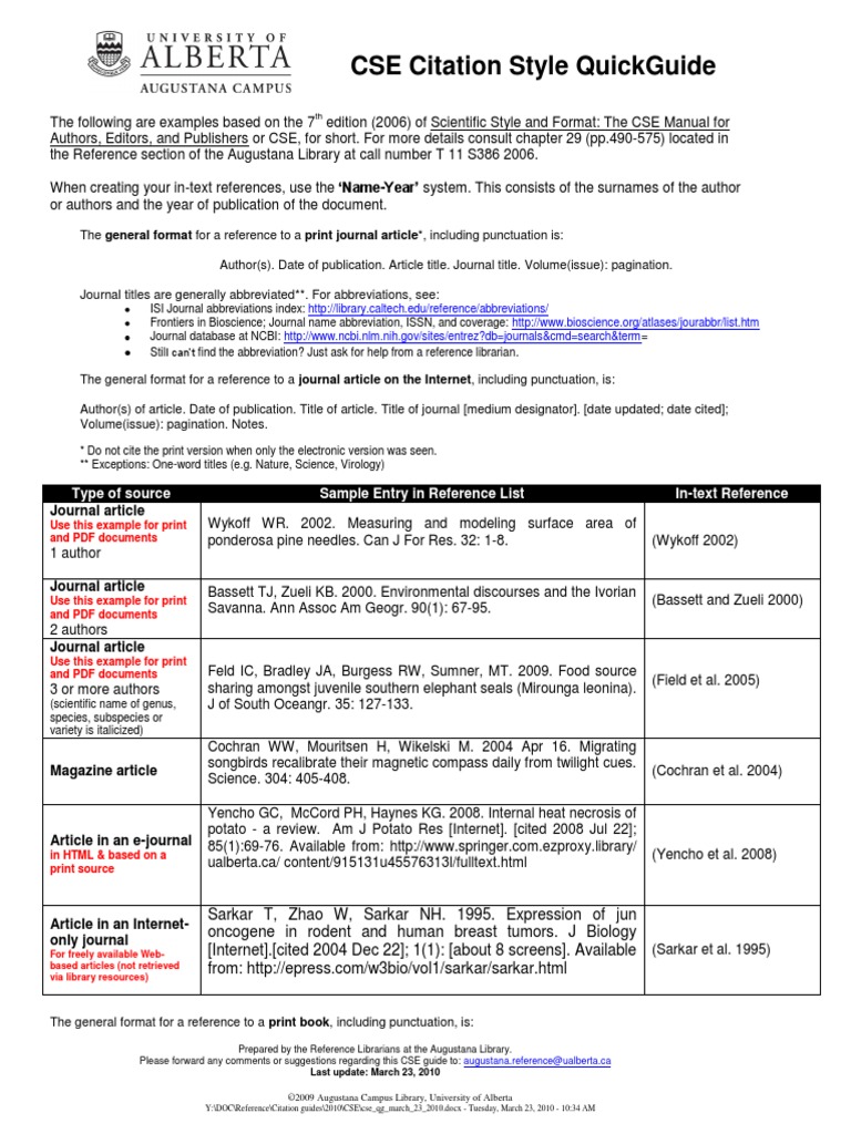 Cse Citation Style Quickguide: Name-Year' System. This Consists of The ...