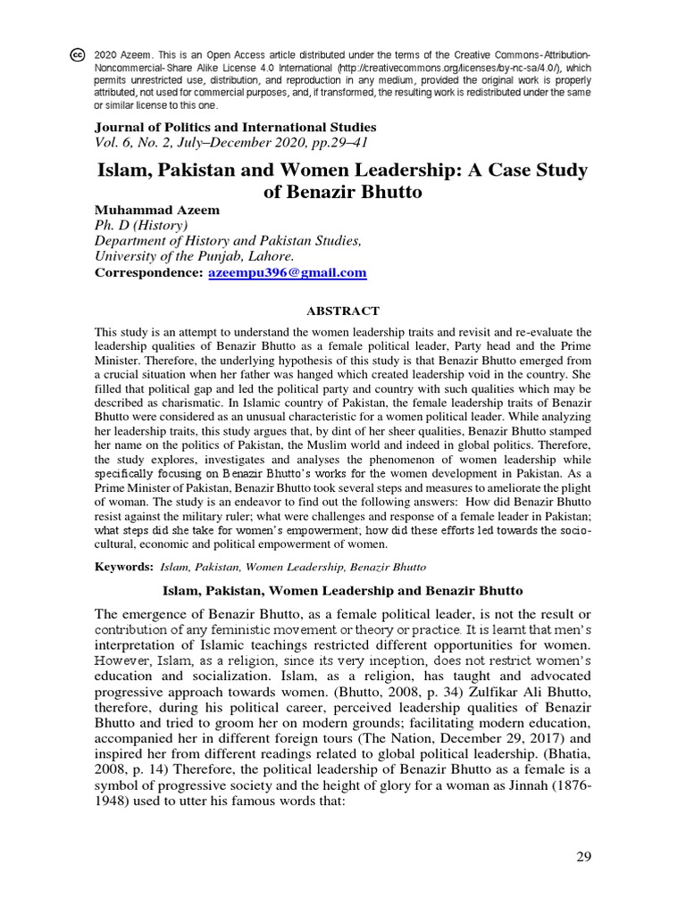 Islam, Pakistan and Women Leadership: A Case Study of Benazir Bhutto ...