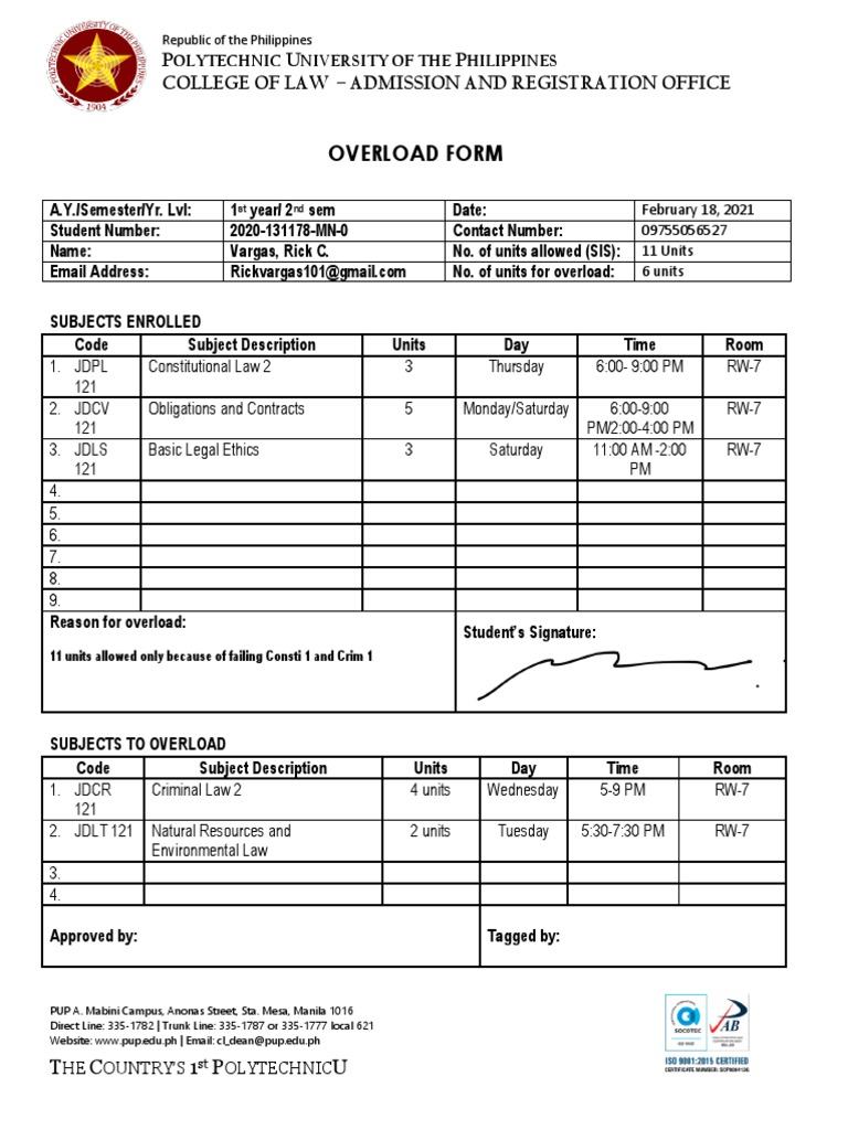 Overload Form: P U P College of Law - Admission and Registration Office ...