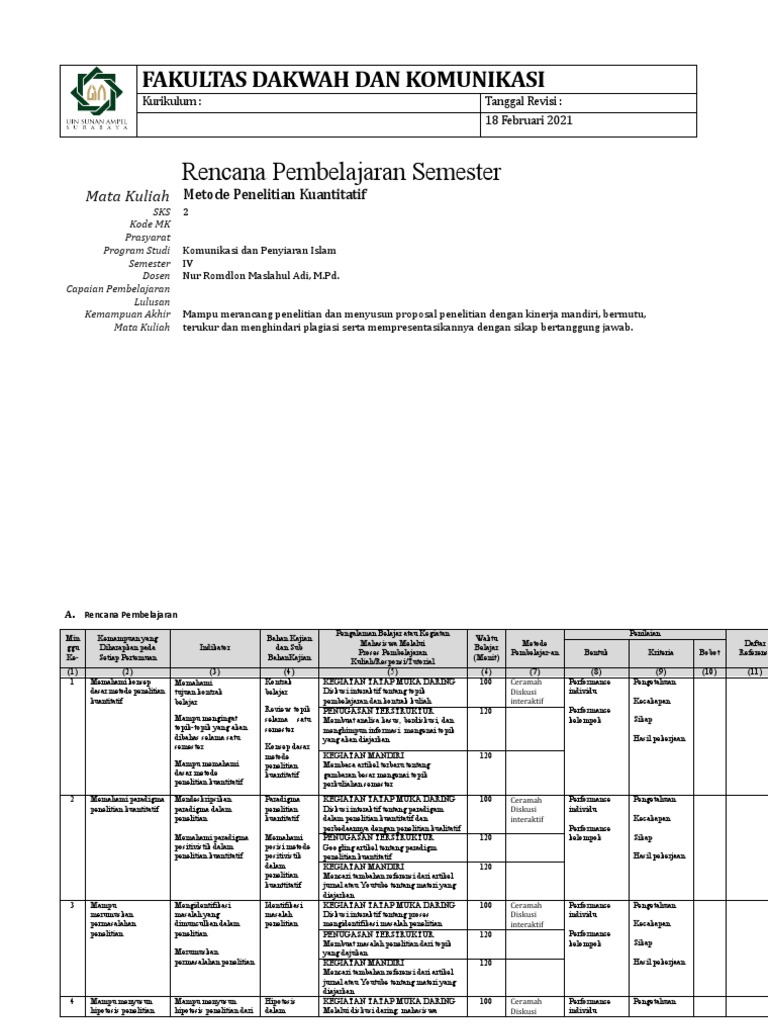 RPS Metode Penelitian Kuantitatif KPI | PDF RPS Metode Penelitian Kuantitatif KPI | PDF