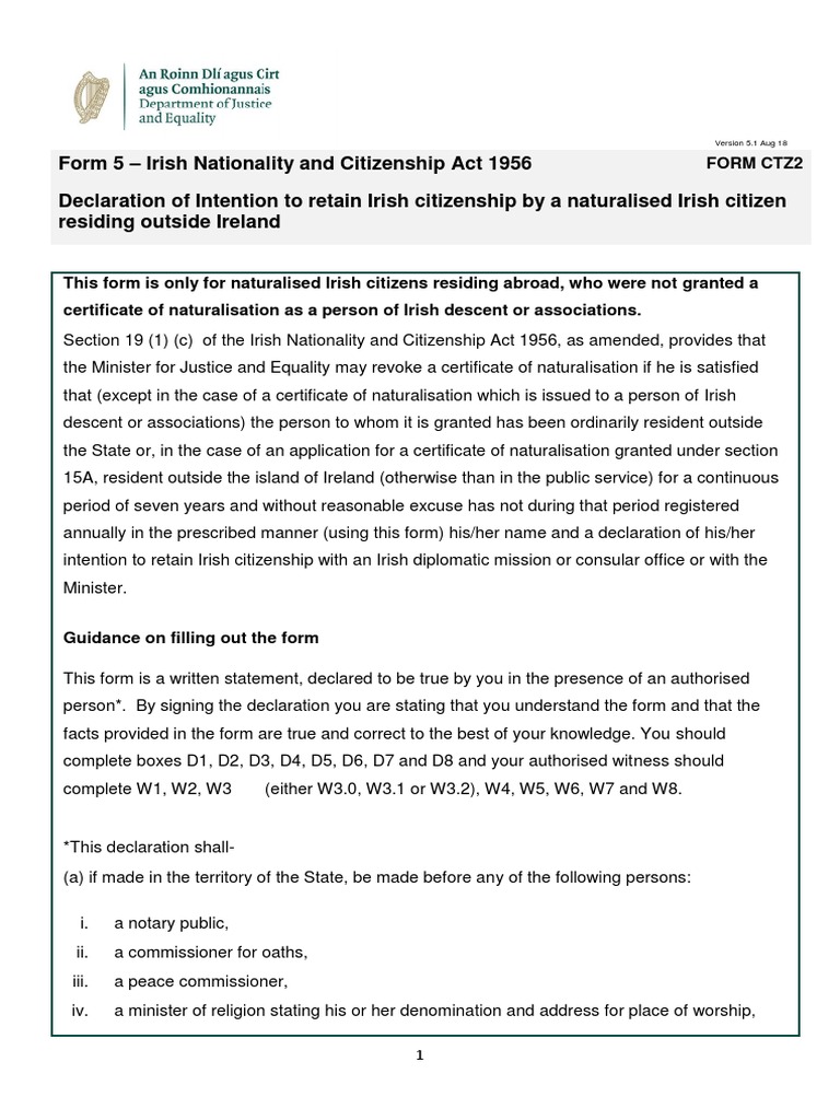 Declaration of Intention to Retain Irish Citizenship | PDF | Notary ...