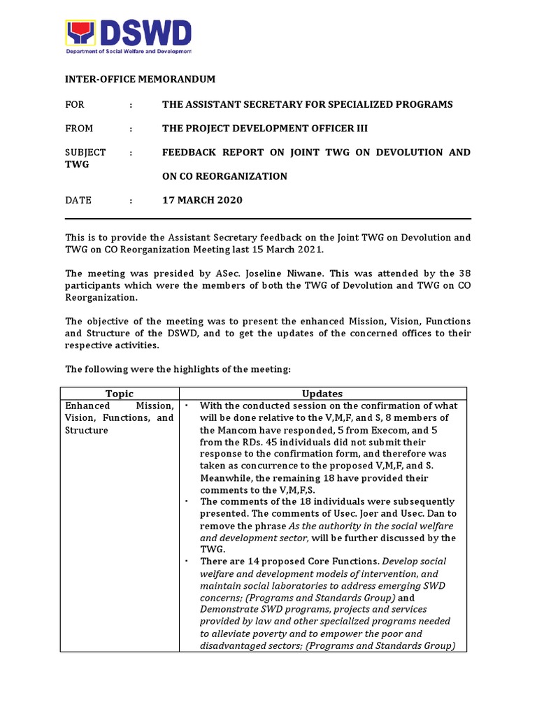 TWG Feedback on Devolution Meeting | PDF | Business