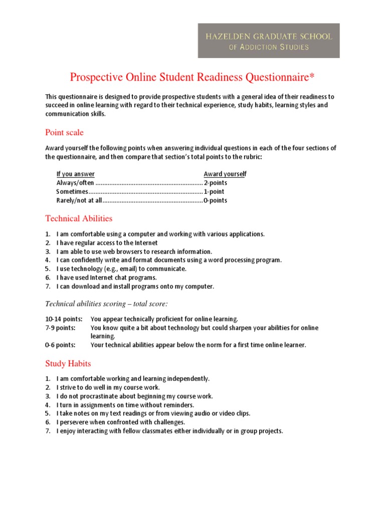 Prospective Online Student Readiness Questionnaire : Point Scale | PDF ...