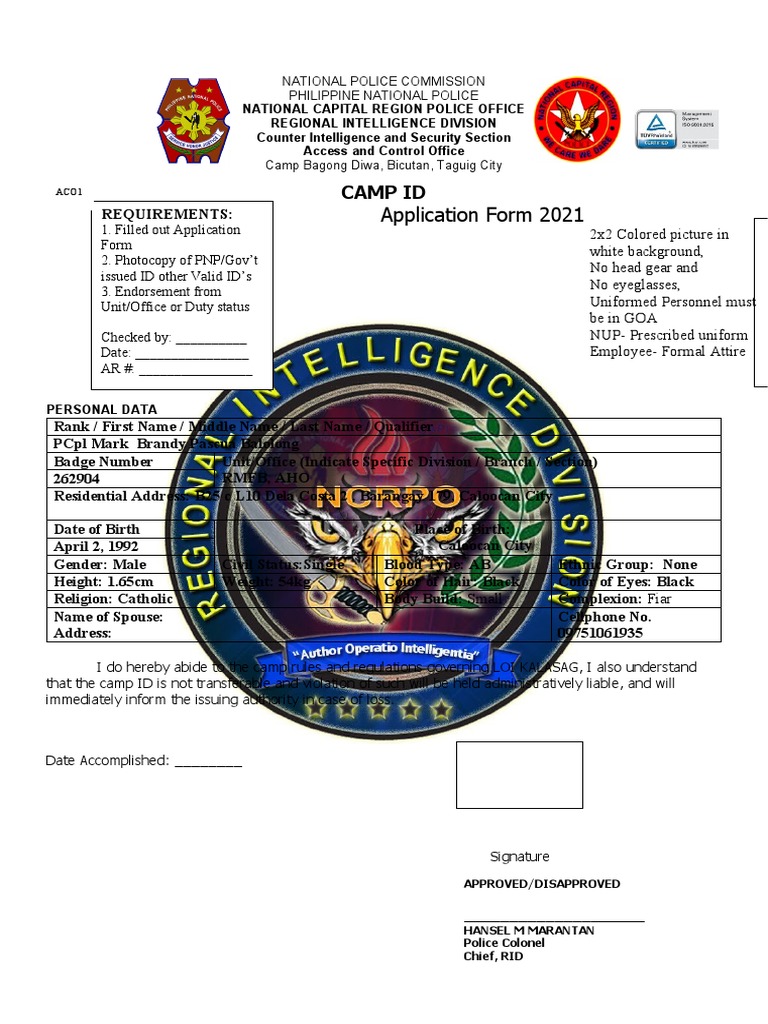 Application Form 2021: Camp Id | Download Free PDF | National Security ...