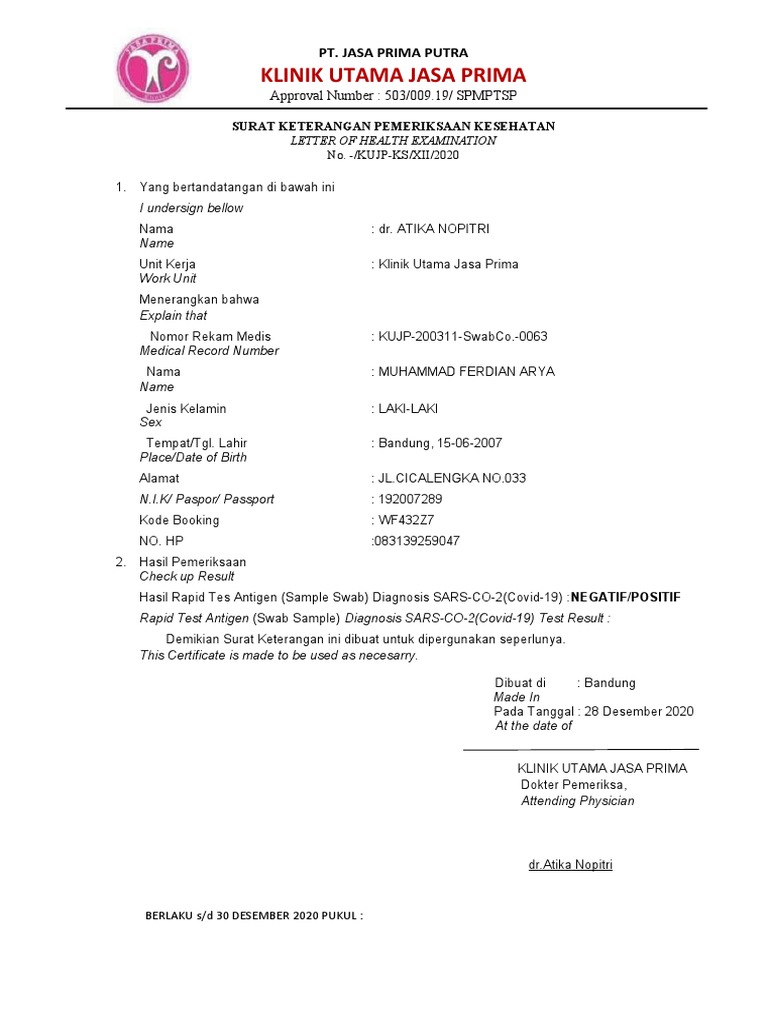 Surat Keterangan Pemeriksaan Kesehatan | PDF