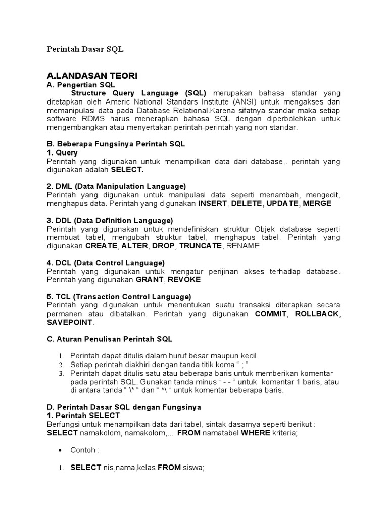Perintah Dasar SQL | PDF | Metode & Bahan Ajar | Komputer