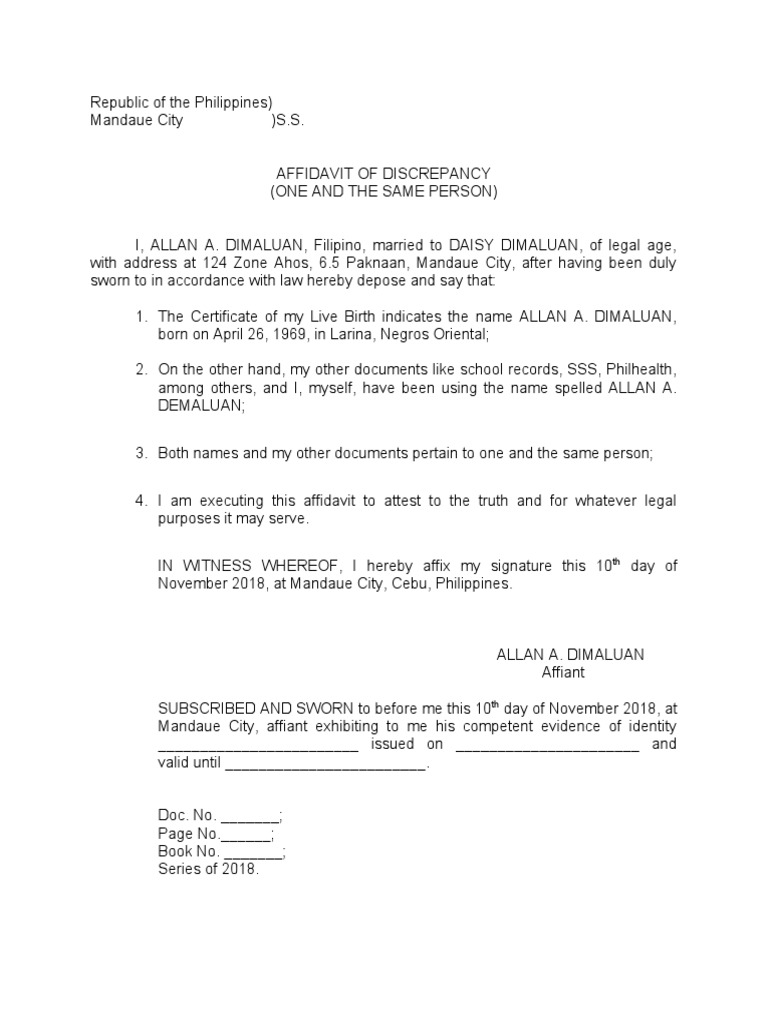 Affidavit of Discrepancy - One and The Same Person | PDF | Law