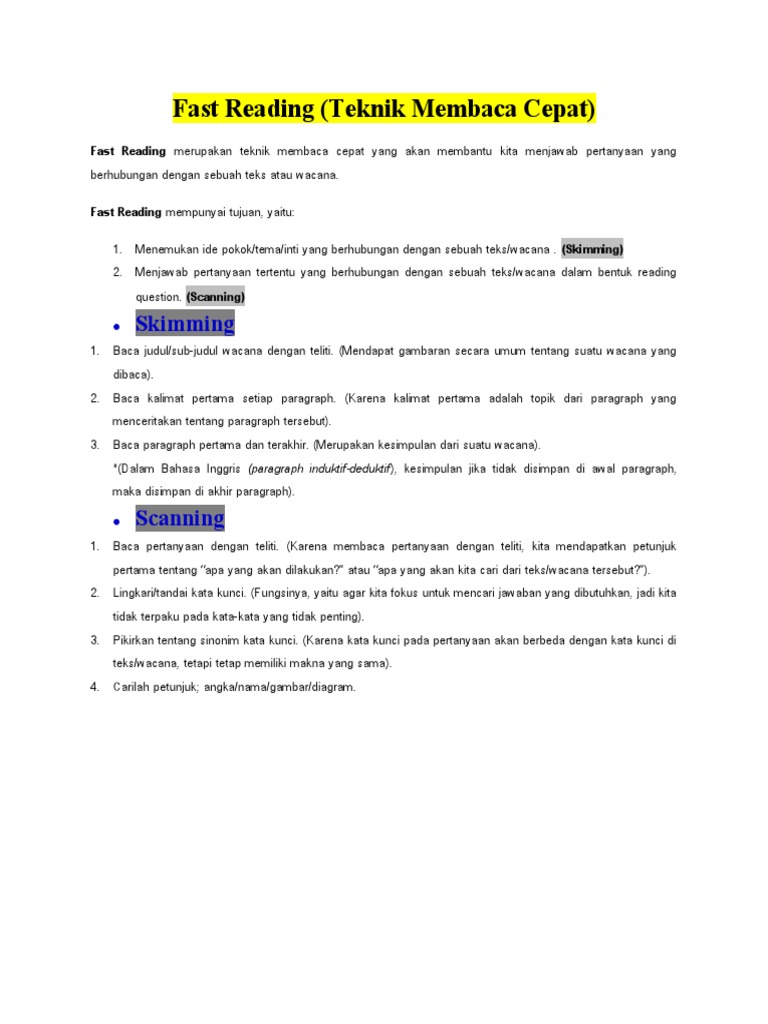 Fast Reading (Teknik Membaca Cepat) | PDF