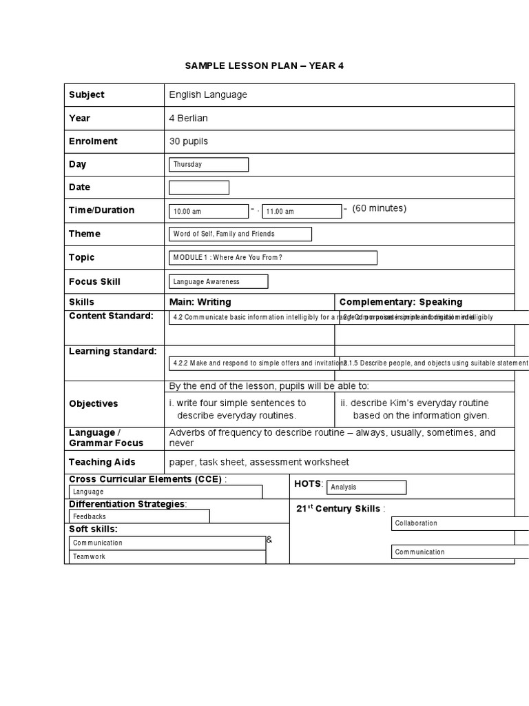 Sample Lesson Plan Year 4 Madam Zainab | PDF | Lesson Plan | Communication