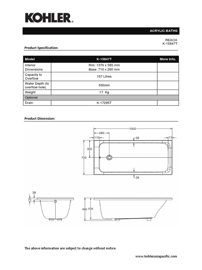 K-15847T Acrylic Bath Specifications | PDF