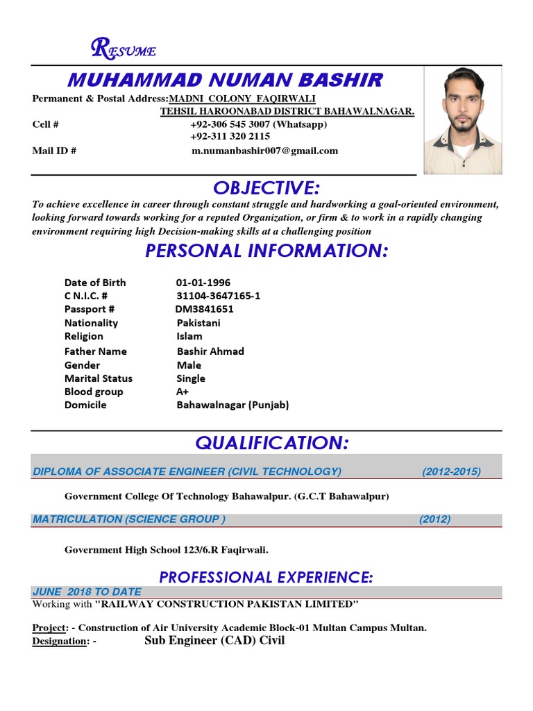 Muhammad Numan Bashir CV | PDF | Technical Drawing