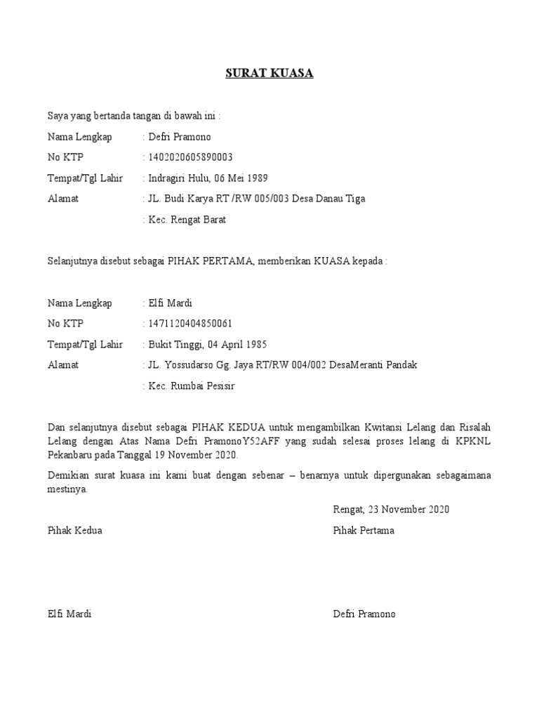 SURAT KUASA Lelang KPKNL Pekanbaru | PDF