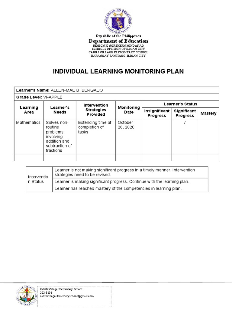INDIVIDUAL LEARNING MONITORING PLAN - Grade 6
