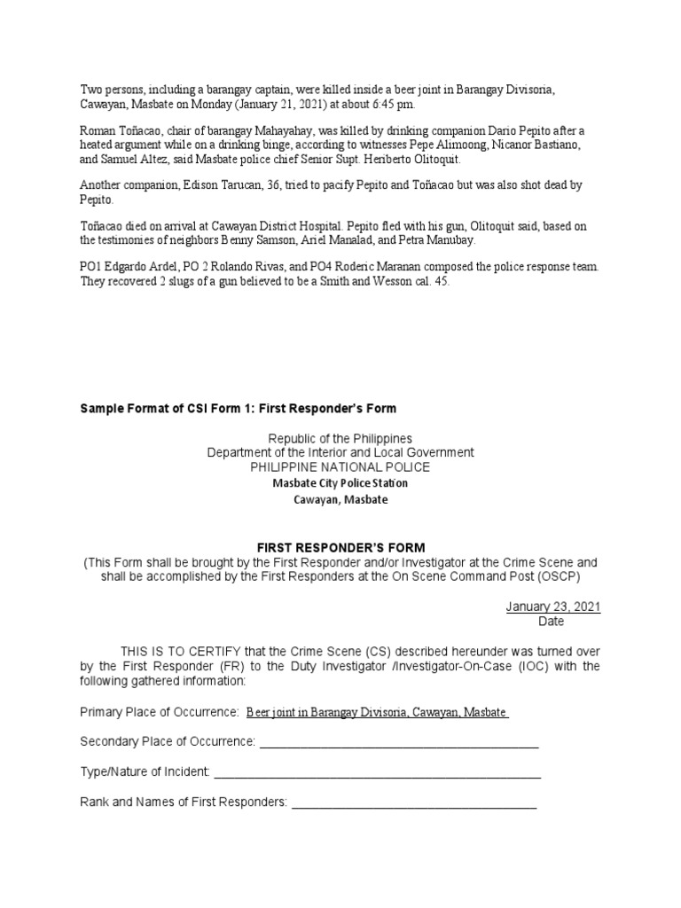 Sample Format of CSI Form 1: First Responder's Form | PDF | Crime Scene ...