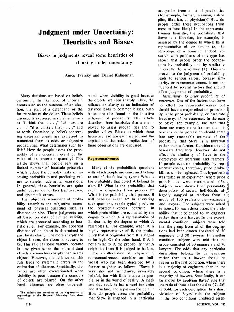 Judgment Under Uncertainty - Tversky and Kahneman, 1974 | PDF ...