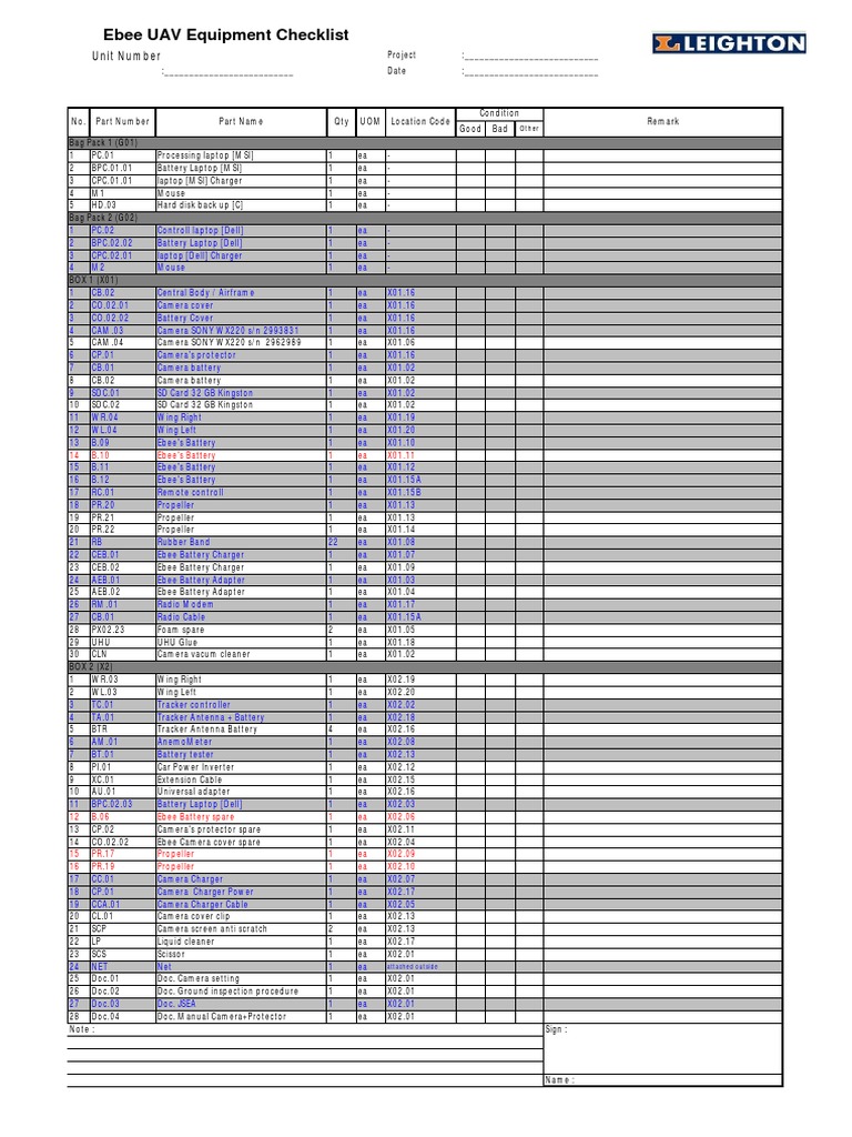 Ebee UAV Equipment Checklist: Unit Number | PDF | Computer Architecture ...
