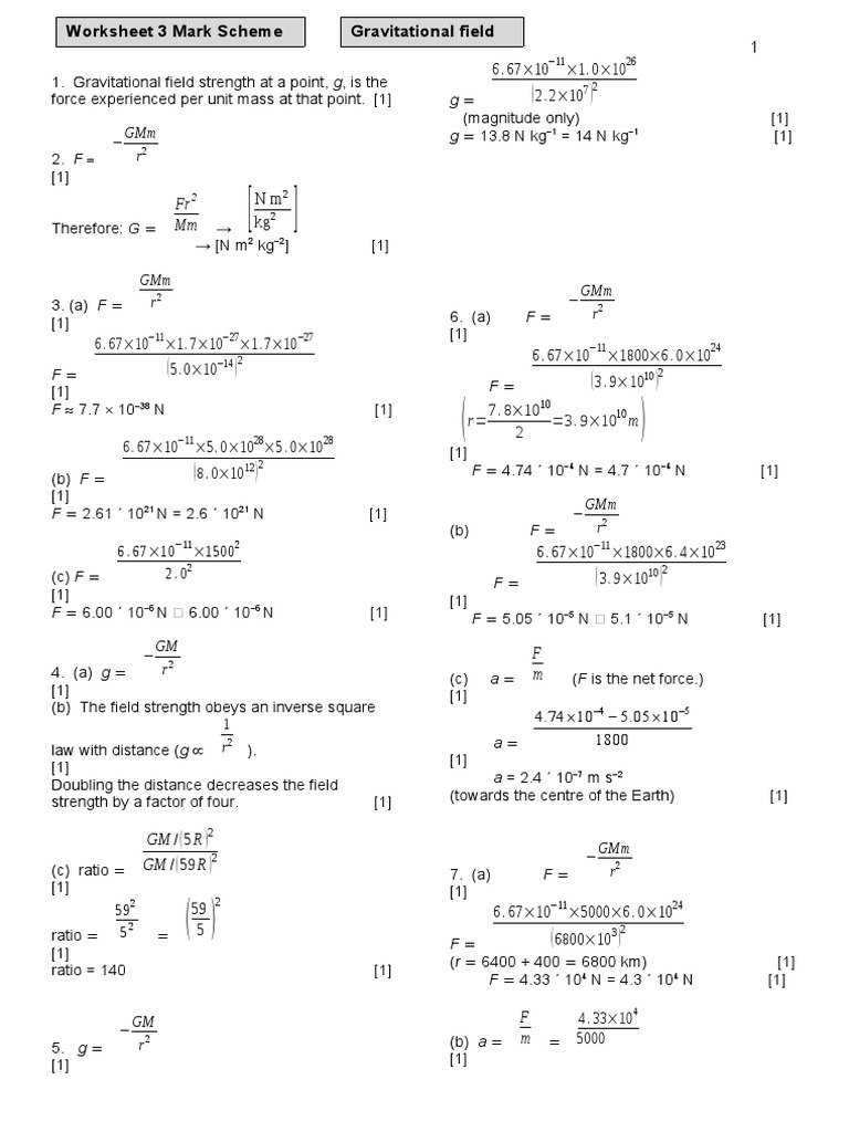 3.2 - Worksheet 3 - Mark Scheme - Gravitational Field | PDF | Mass | Force