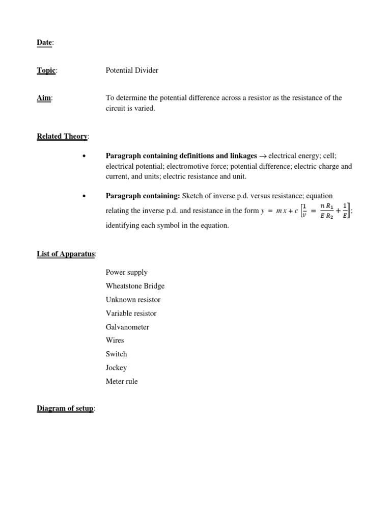 Physics - Unit 2 - Module 1 - Lab 1 - Potential Divider | PDF | Voltage ...