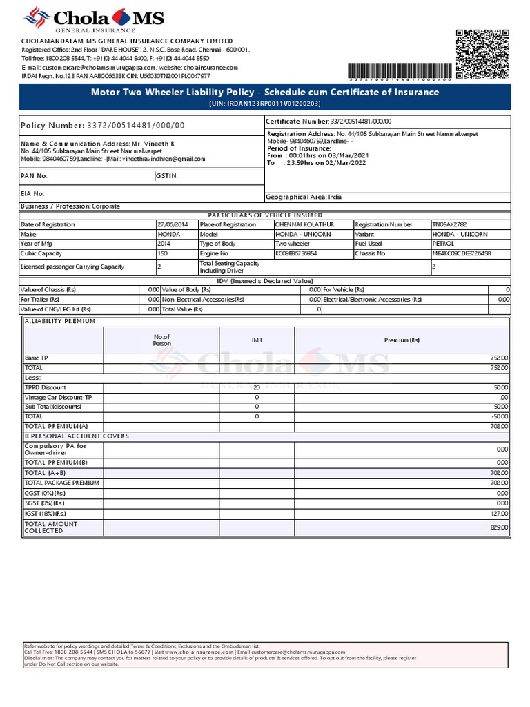 Two Wheeler Insurance Policy Certificate | PDF | Liability Insurance ...