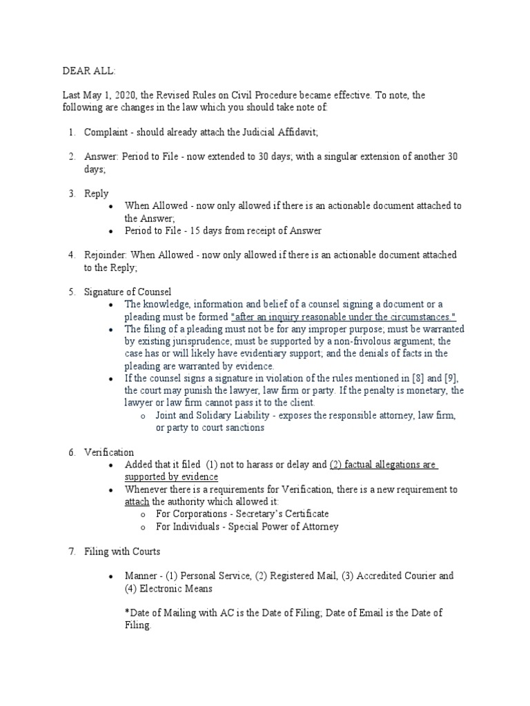 Revised Civil Procedure Rules Summary | PDF | Lawyer | Pleading