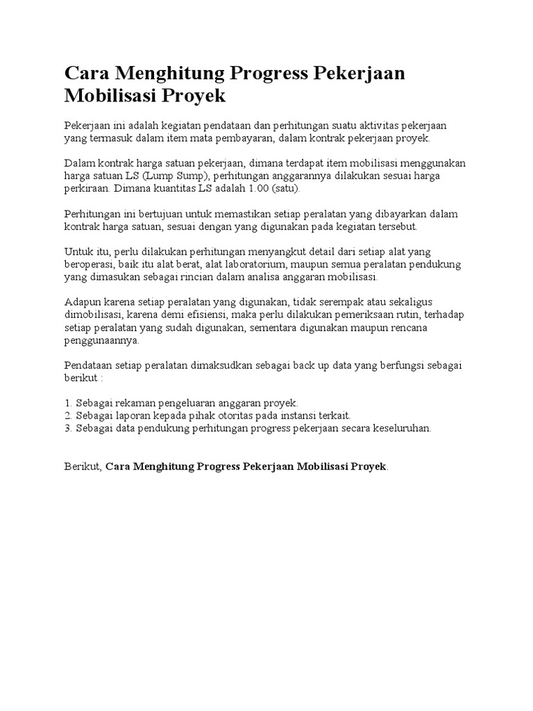 Cara Menghitung Progress Pekerjaan Mobilisasi Proyek | PDF