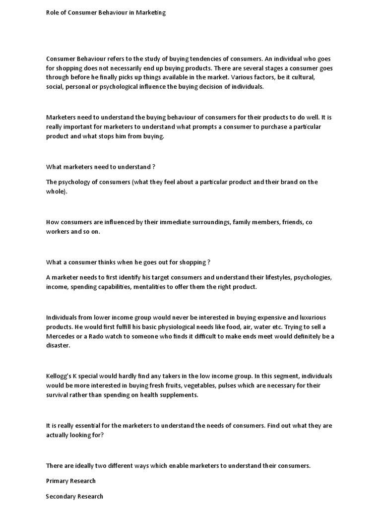 Role of Consumer Behaviour in Marketing | PDF | Consumer Behaviour ...