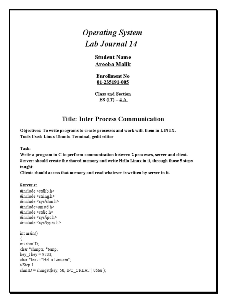 Operating System Lab Journal 14: Title: Inter Process Communication | PDF
