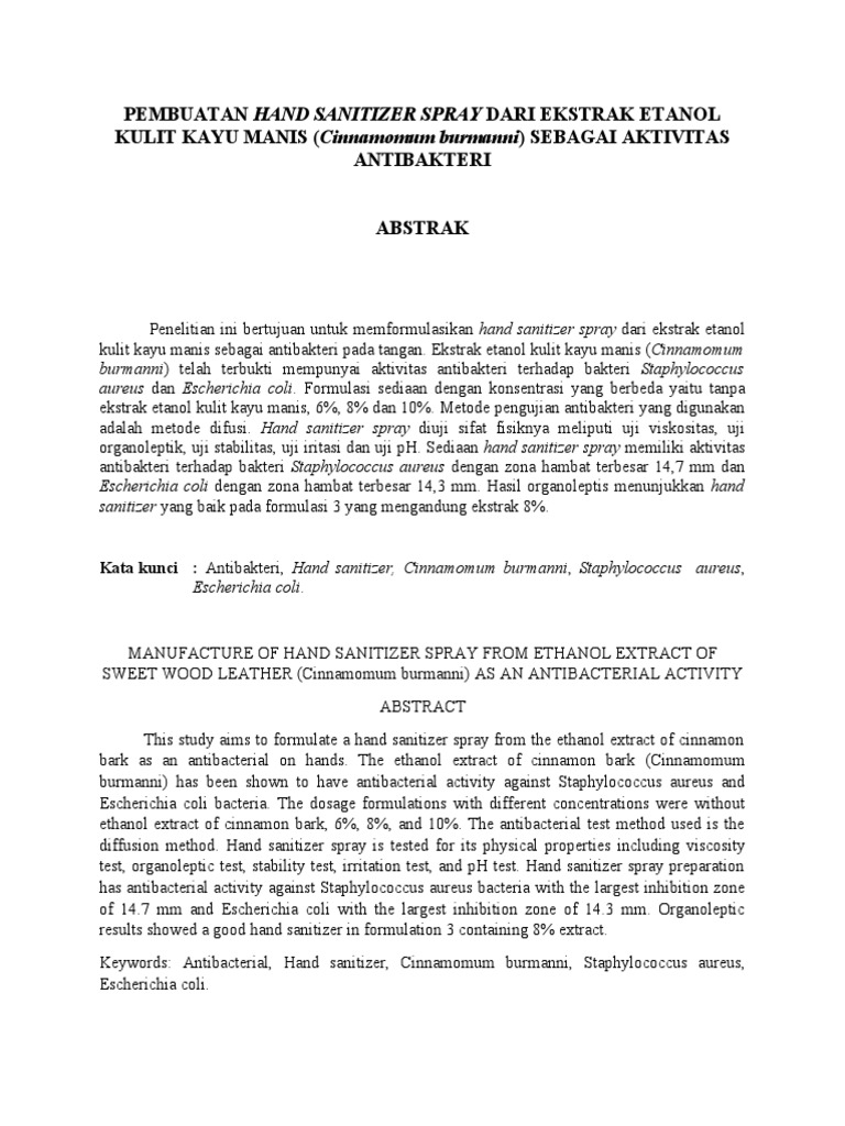 Pembuatan Hand Sanitizer Spray Dari Ekstrak Etanol KULIT KAYU MANIS ...