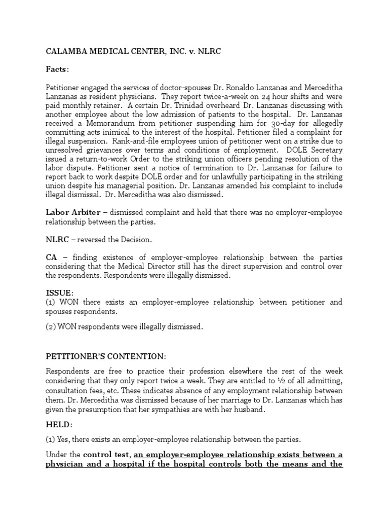 Calamba Medical Center v. NLRC | PDF | Complaint | Employment