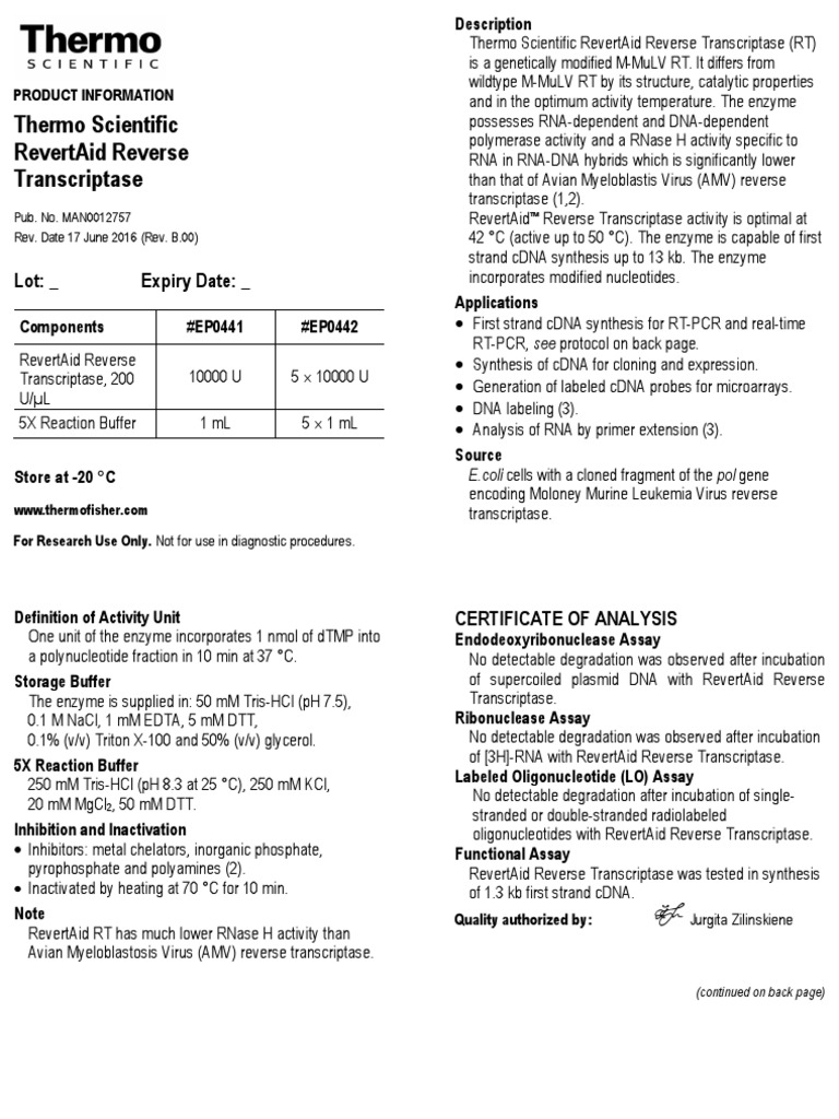 Thermo Scientific Revertaid Reverse Transcriptase: Lot: - Expiry Date ...