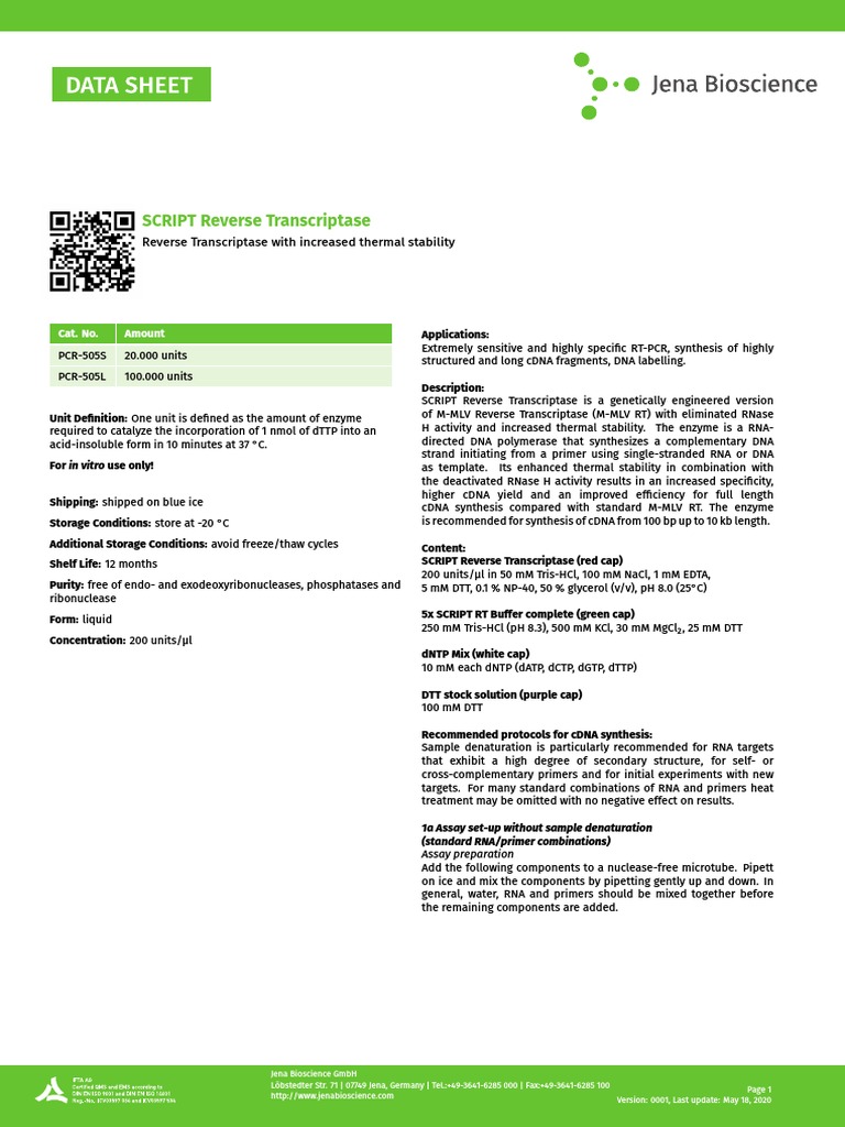 SCRIPT Reverse Transcriptase | PDF | Complementary Dna | Reverse ...