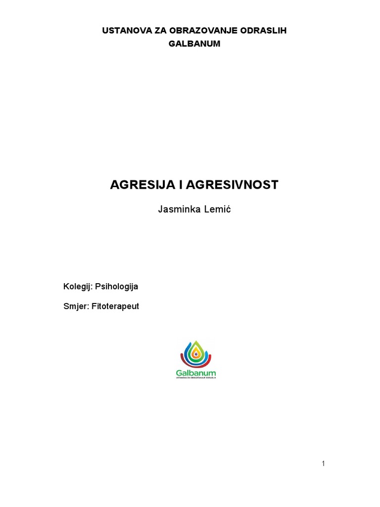 Jasminka Lemić, Seminar Iz Psihologije - Agresija I Agresivnost | PDF