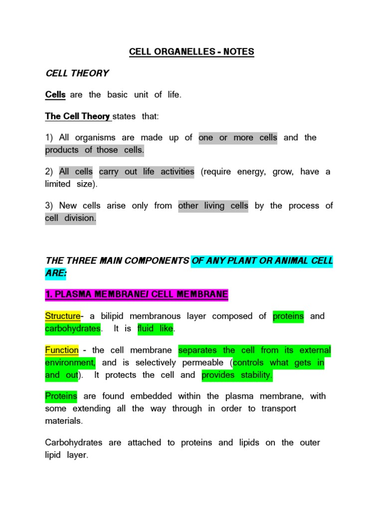 Cell Organelles - Notes Cell Theory Cells Are The Basic Unit of Life ...