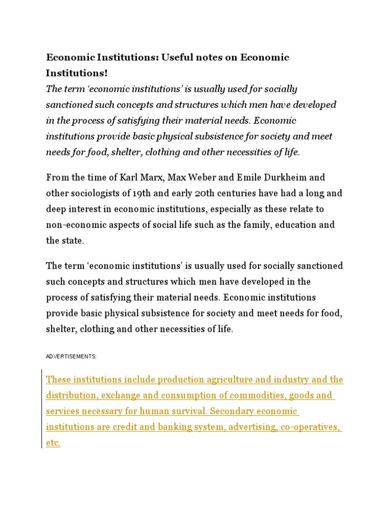 Economic Institutions Useful Notes On Economic Institutions Pdf