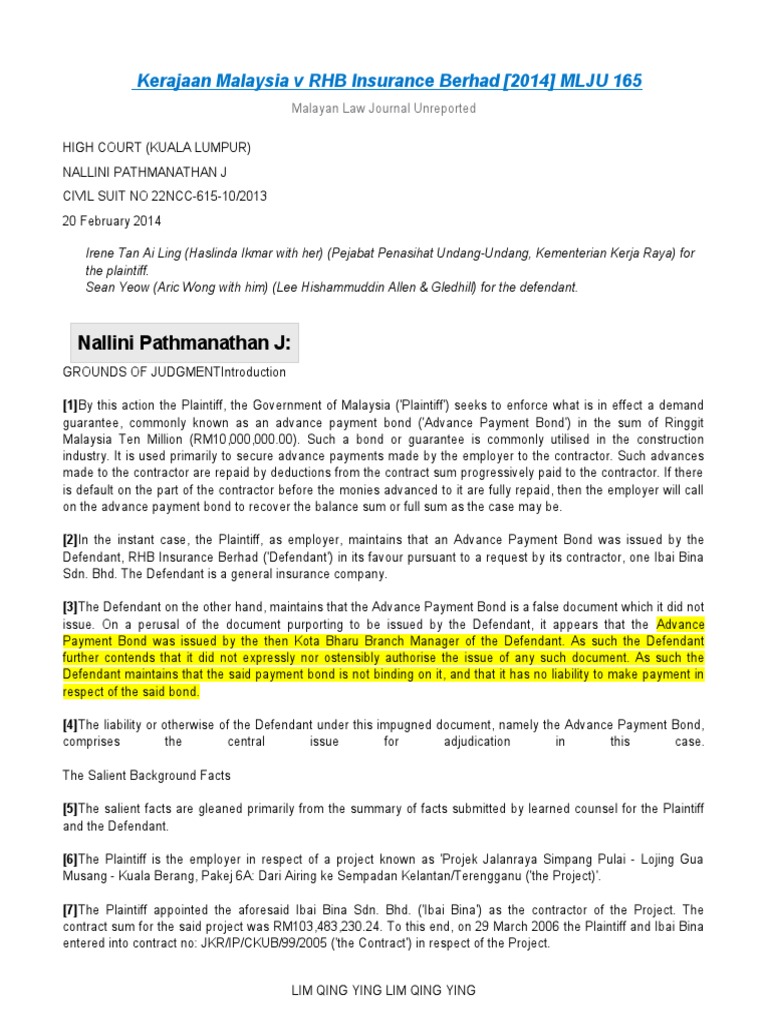 Kerajaan Malaysia V RHB Insurance Berhad (2014) MLJU 1 | PDF | Estoppel ...