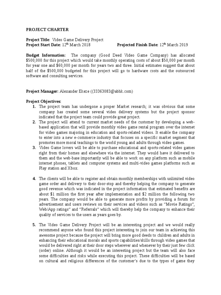 Video Game Delivery Project Overview | PDF | Project Management | Usability