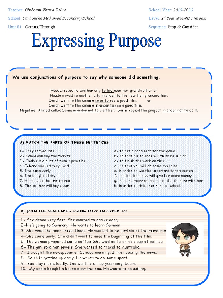 Expressing Purpose Worksheet | PDF