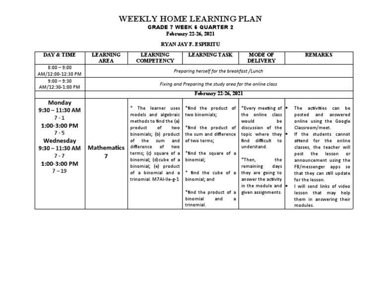 Math - 7-WHLP 7 - Q 2 Week 6 Module - Ryan Jay F. Espiritu | PDF ...