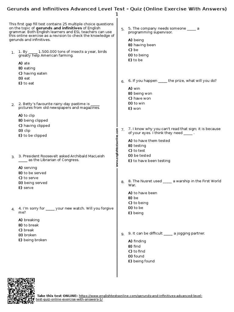 Advanced Gerunds and Infinitives Quiz | PDF