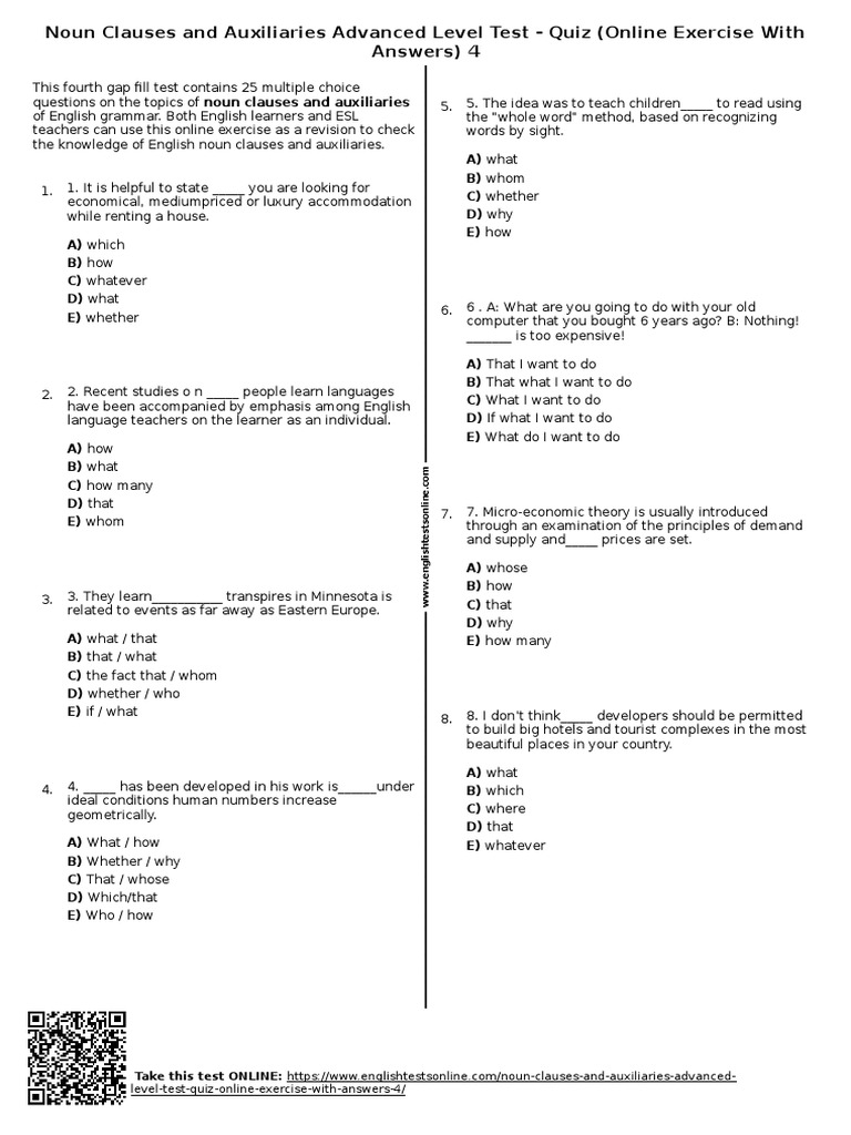 350 - Noun Clauses and Auxiliaries Advanced Level Test Quiz Online ...